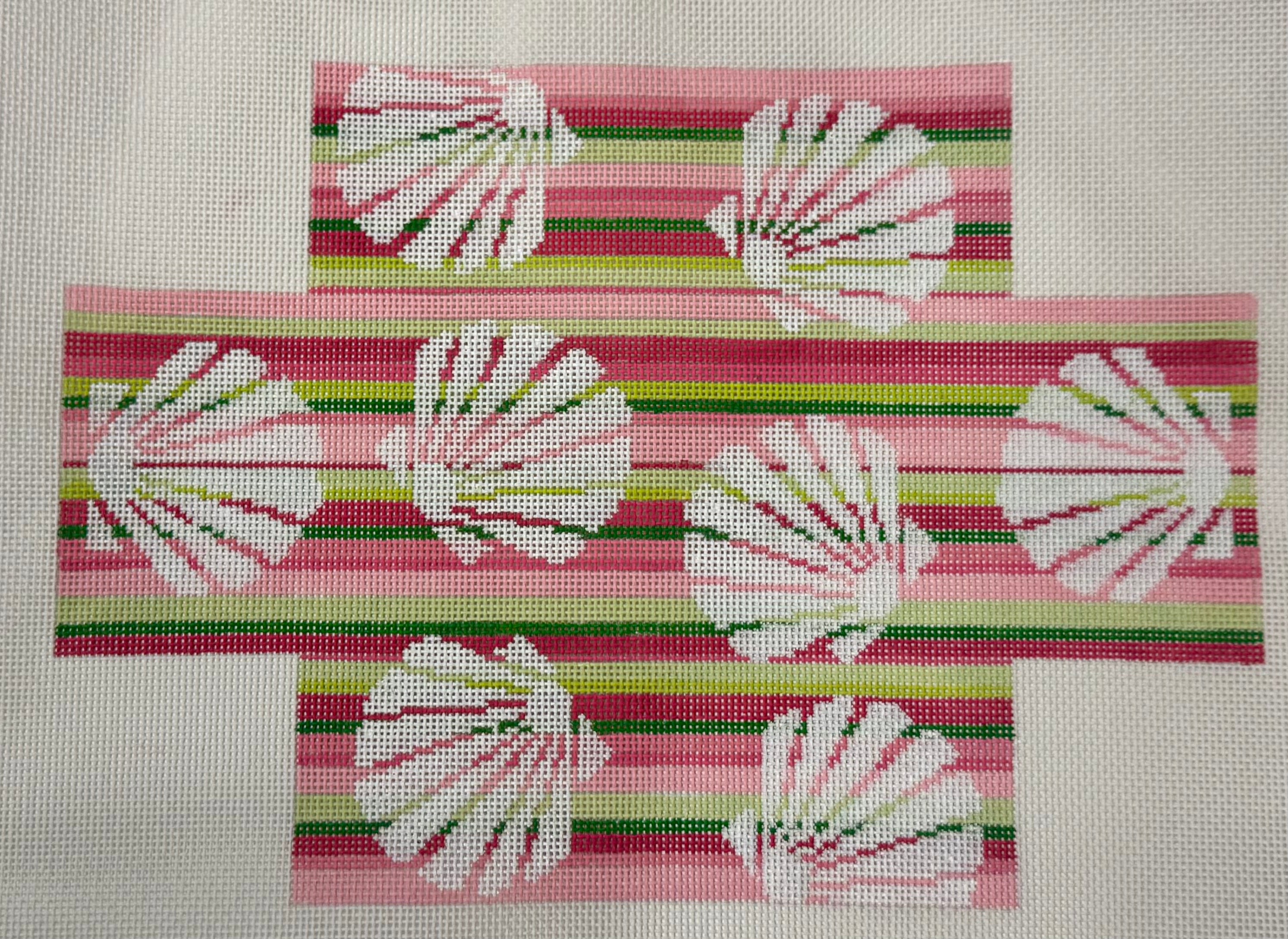 Scallop Shells on Horizontal Pink & Green Stripes – Seaside Needlepoint