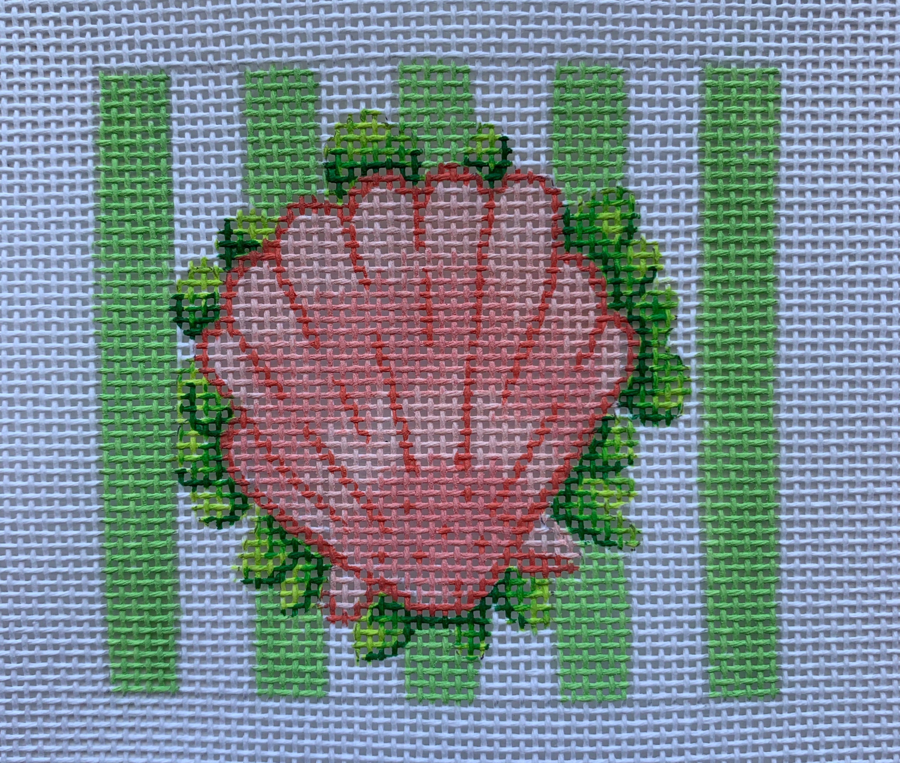 Scallop Shell On Green Cabana Stripes – Seaside Needlepoint