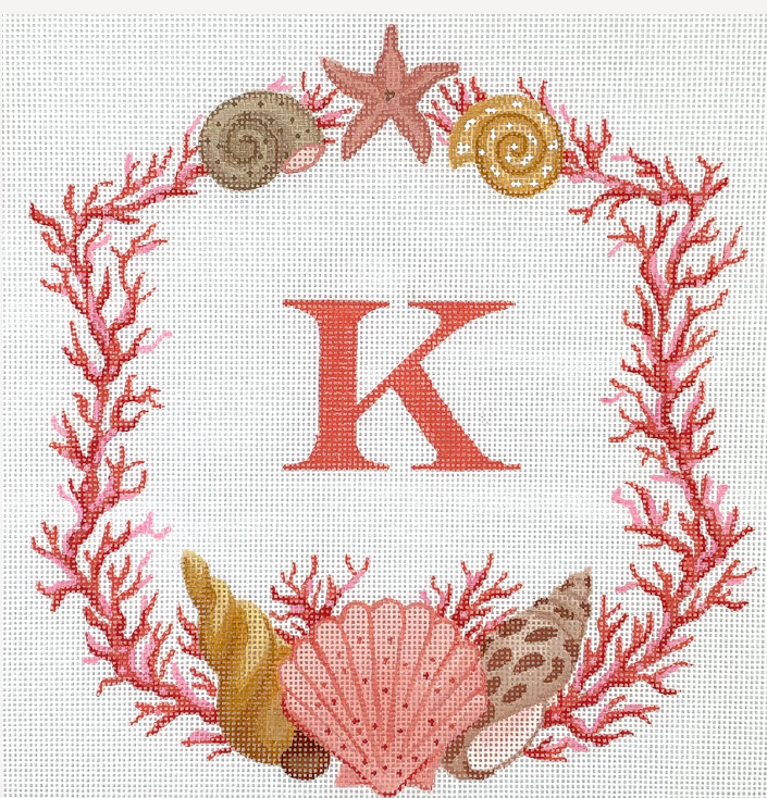 Coral and Shells Monogram Crest – Seaside Needlepoint